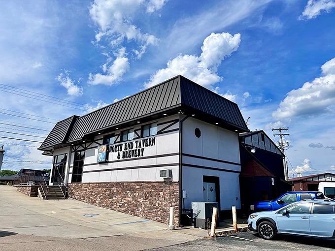 Welcome to burger paradise! North End Tavern & Brewery's exterior promises a feast for the senses, with its charming blend of modern and rustic architecture.