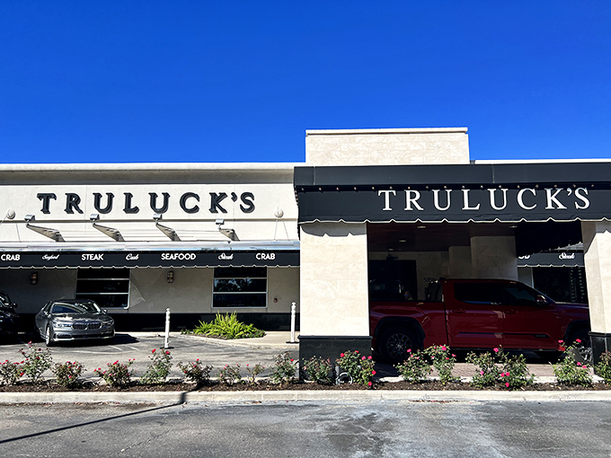Truluck's: Where seafood dreams come true and steaks are a close second. This unassuming exterior hides a treasure trove of culinary delights waiting to be discovered.
