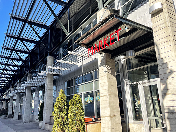 Welcome to seafood paradise! The Milwaukee Public Market sign beckons like a lighthouse, guiding hungry souls to a treasure trove of oceanic delights.