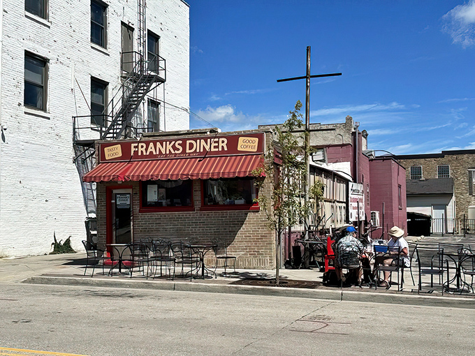 Welcome to Franks Diner, where the awning is as red as your cheeks will be after devouring their legendary Garbage Plate. Eat the diner way, indeed!