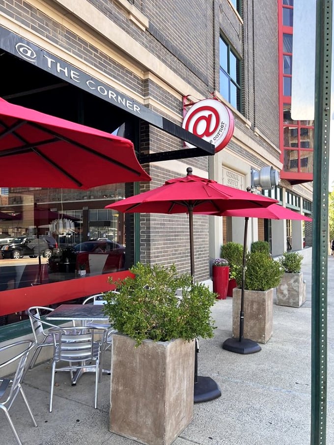 Step into a world where retro charm meets modern flair! @ The Corner's vibrant red umbrellas beckon you to a culinary adventure that's as inviting as a warm hug.