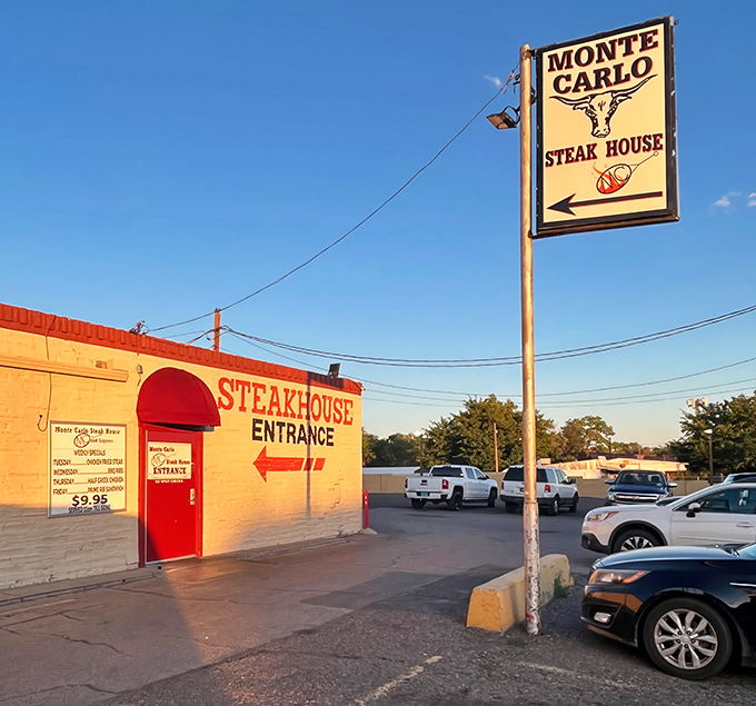 Welcome to the time machine! Monte Carlo's exterior promises a journey back to when steaks were king and martinis flowed freely.