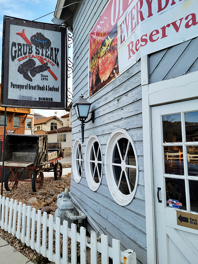 Step into a time machine disguised as a steakhouse! Grub Steak's rustic exterior promises a journey back to the Wild West, with a side of modern culinary magic.