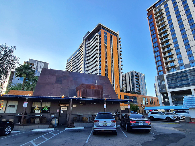 Rustic charm meets urban oasis! The Chuckbox's exterior is like a time machine disguised as a burger joint.