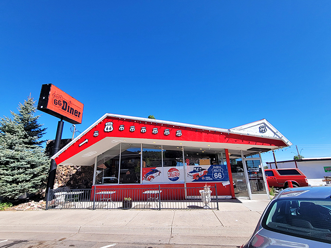 A slice of Americana, served with a side of nostalgia! Goldies Route 66 Diner stands proud, its red exterior as inviting as a warm cherry pie on a windowsill.