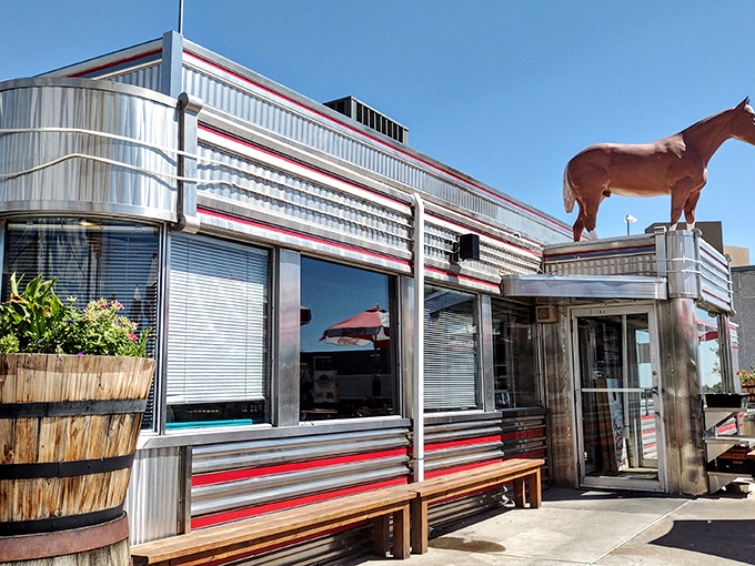 Holy chrome, Batman! This diner's exterior is so shiny, you might need sunglasses just to order breakfast.