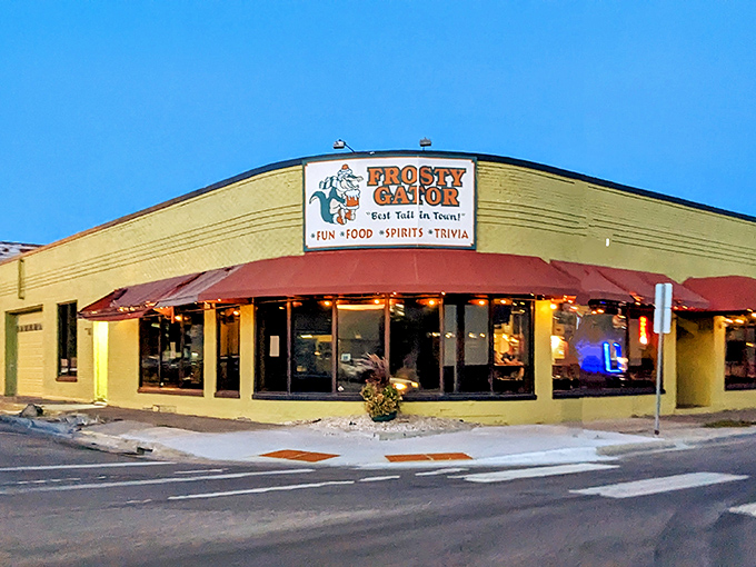 Welcome to the Frosty Gator, where the exterior is as bold as their buffalo sauce! This lime-green beacon of deliciousness stands out like a gator in a snowstorm.