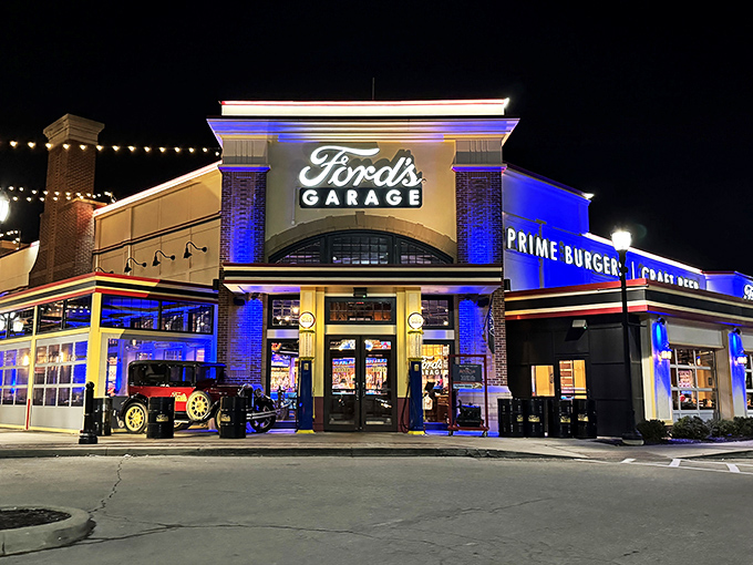 Ford's Garage glows like an automotive beacon in the night, promising both nostalgia and nourishment to hungry Hoosiers seeking refuge from ordinary dining.