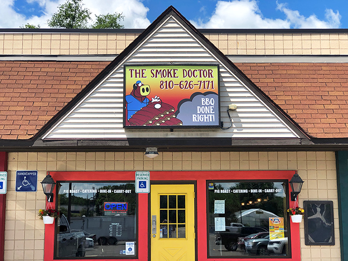 Welcome to BBQ paradise! The Smoke Doctor's cheerful yellow door is like a beacon of hope for hungry souls seeking smoky salvation.