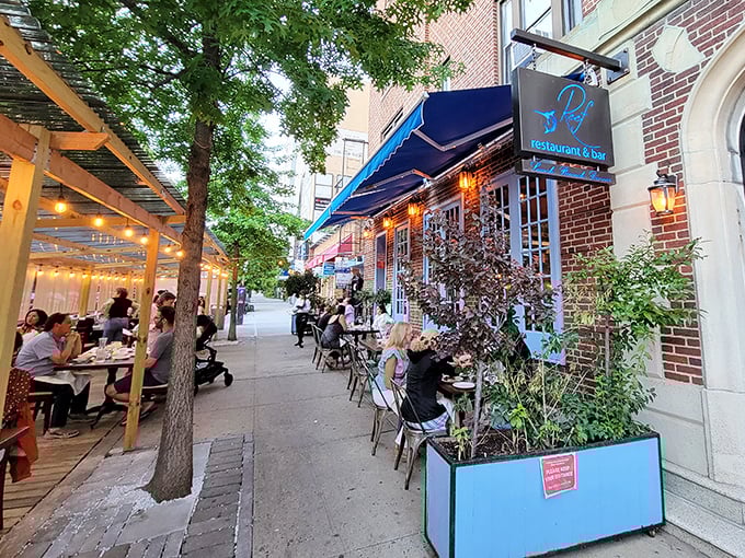 A seafood oasis in the urban jungle! Reef's charming exterior beckons with the promise of oceanic delights and al fresco dining.