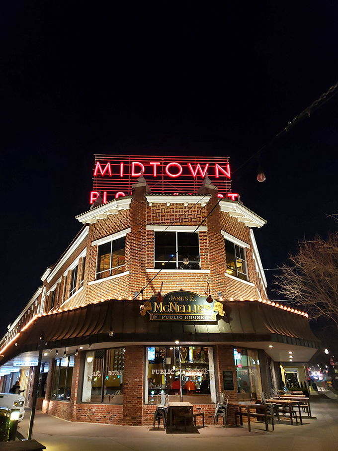 A beacon of comfort in the heart of OKC! McNellie's brick facade and welcoming sign promise a taste of Ireland with an Oklahoma twist.