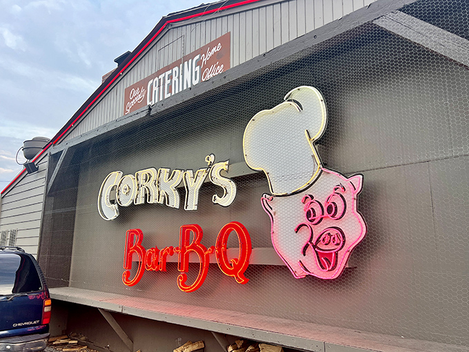 Neon dreams come true! Corky's Bar-B-Q sign blazes like a beacon for barbecue lovers, promising smoky delights and Memphis magic. 