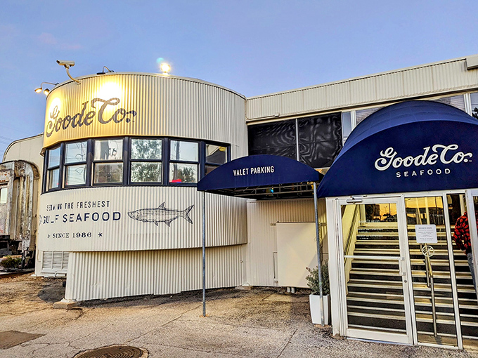 All aboard the flavor express! Goode Company Seafood's converted railroad car exterior promises a journey through Gulf Coast cuisine that's off the rails.