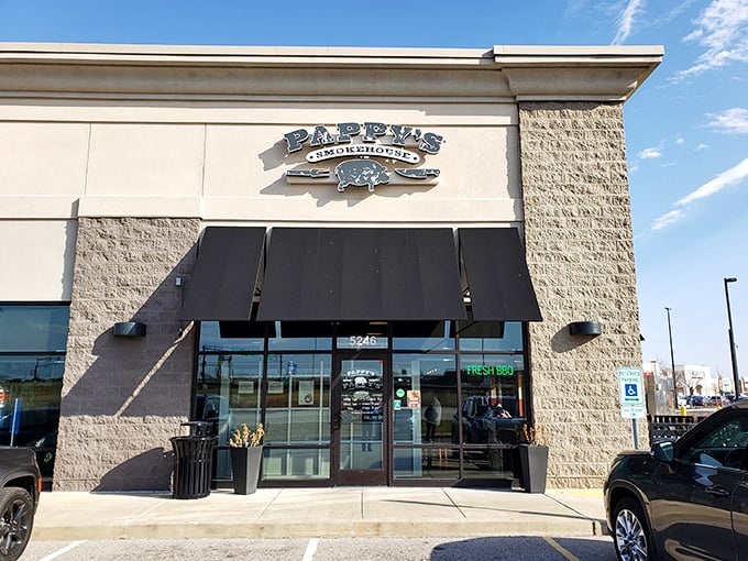 A BBQ beacon in the heart of St. Louis! Pappy's exterior promises smoky delights within, with its welcoming facade and inviting outdoor seating area.