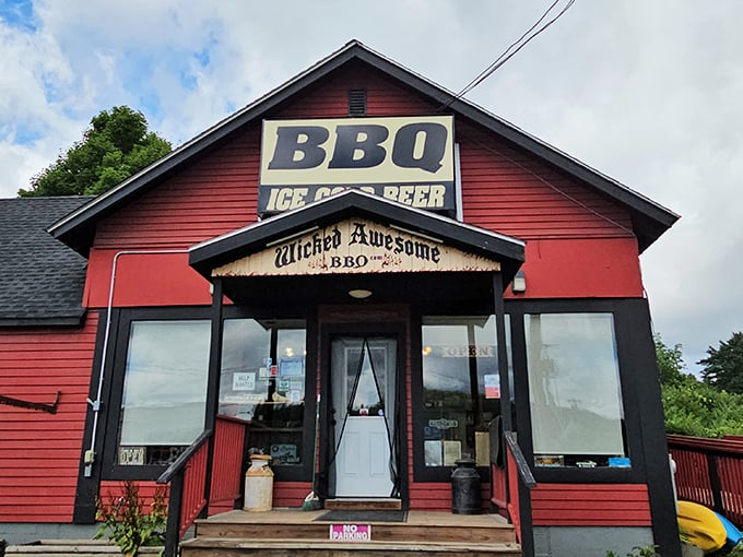 A red barn-like building that screams "BBQ!" louder than a Texan at a rodeo. Welcome to Wicked Awesome BBQ, where smoke signals spell "delicious."