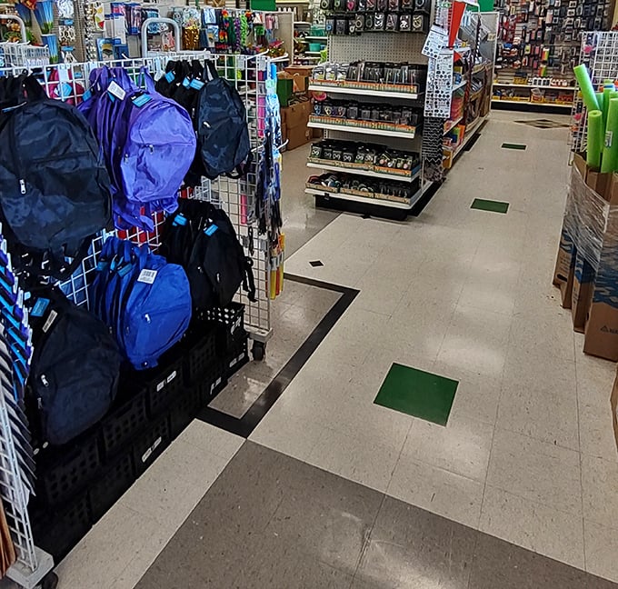 Backpack bonanza! School supplies that won't break the bank, arranged in a color spectrum that would make Marie Kondo proud.