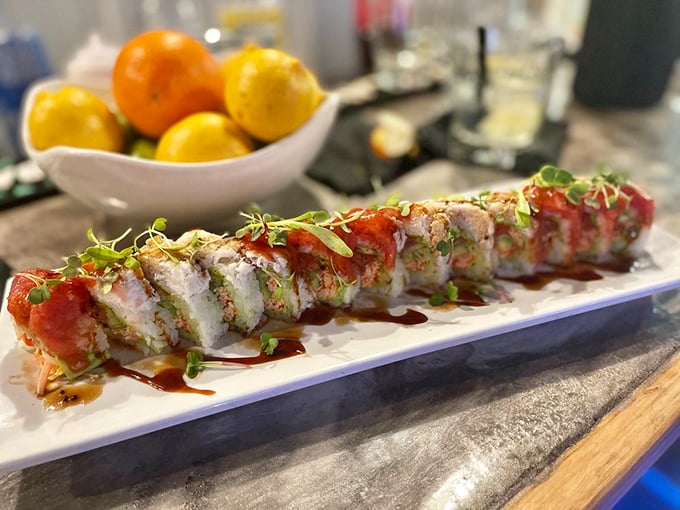 "Sushi rolls so pretty, they're almost too beautiful to eat. Almost. This colorful creation is like edible art &ndash; if Picasso had been a sushi chef."