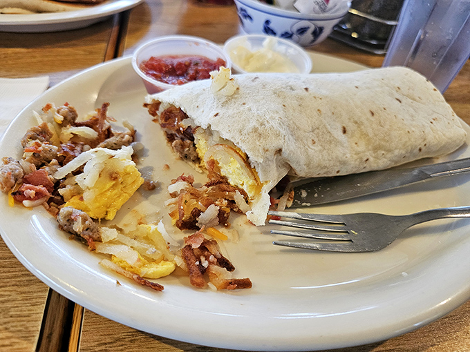 Breakfast burrito bonanza! This handheld feast looks ready to fuel a day of Idaho adventure... or a serious nap.