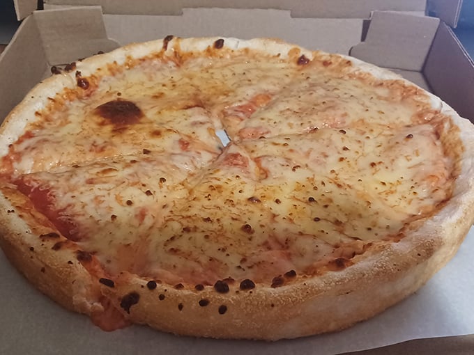 Deep dish delight! This Chicago-style pizza is so thick, it could double as a winter coat in the Windy City.