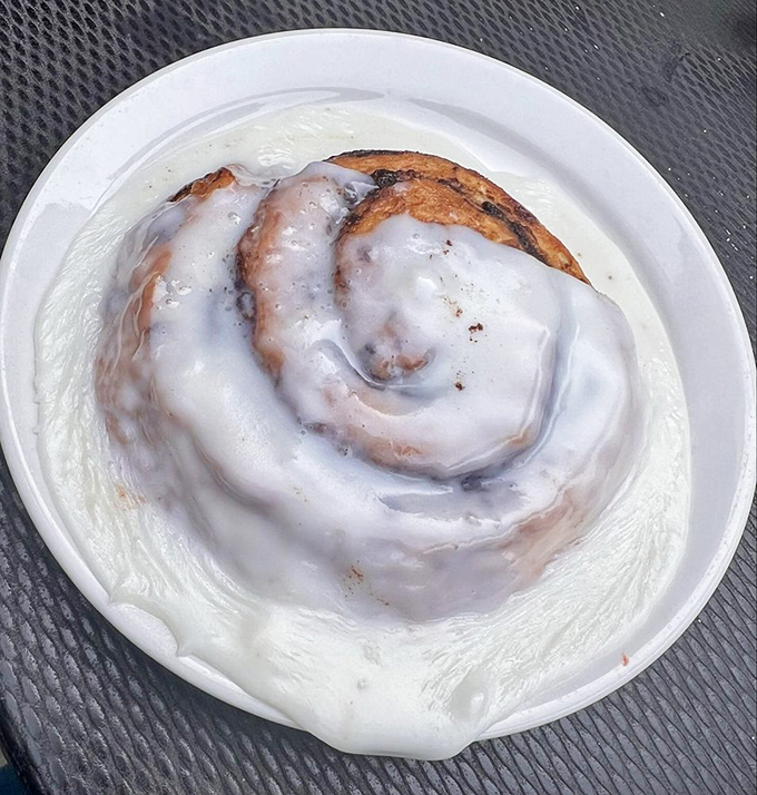 Cinnamon roll or edible cloud? This gooey, glazed beauty is what breakfast dreams are made of. Forks at the ready!