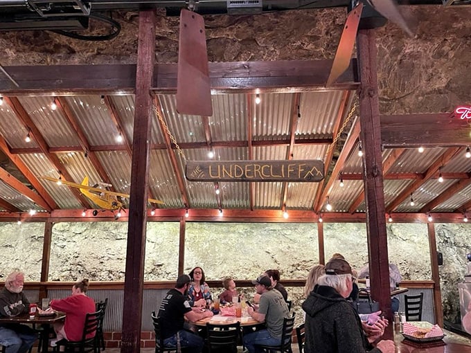 Happy campers alert! These diners look like they've struck culinary gold. Can you dig it?