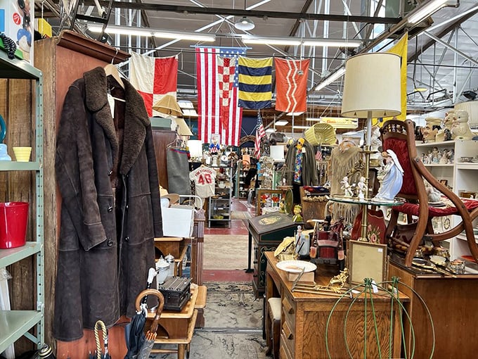 Stars, stripes, and vintage delights! This corner feels like a Norman Rockwell painting come to life, complete with Grandpa's old coat.