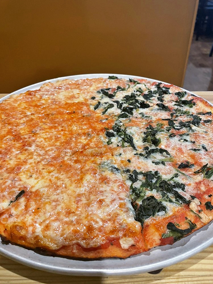 Half plain, half fancy! This pizza proves you can have your greens and eat your cheese too.