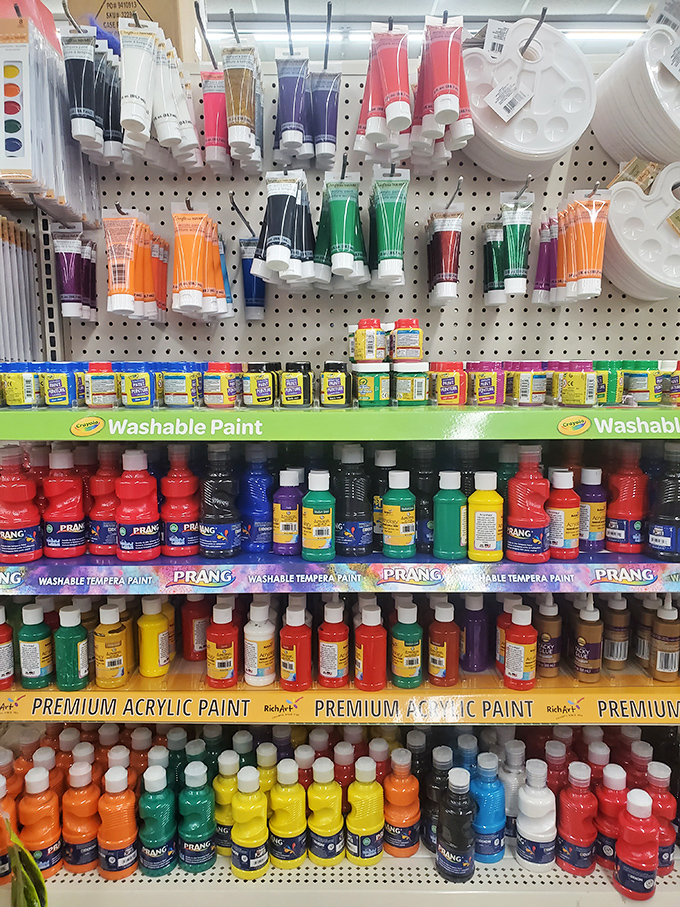 A rainbow in bottles! Whether you're touching up or going full Pollock, this paint selection's got hues for every mood.