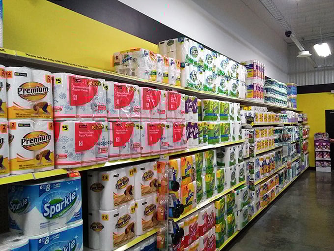 The paper products aisle stands like a monument to practical necessity, where the essentials of everyday life are stacked in budget-friendly abundance.