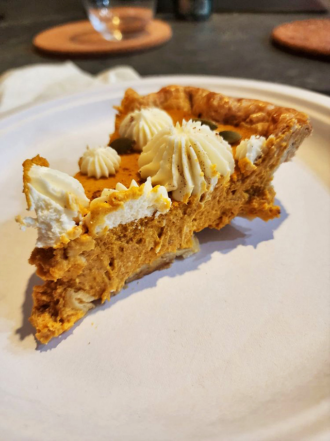 Pumpkin pie that puts grandma's recipe on notice. Those swirls? Pure autumn magic. Leaf-peeping for your taste buds.