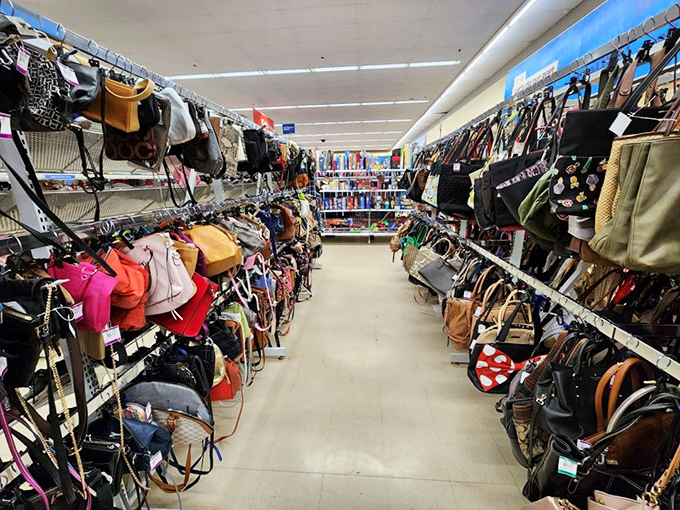 Handbag heaven or purse purgatory? This aisle is a fashionista's playground, where vintage clutches mingle with modern totes in a stylish free-for-all.