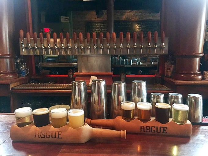 Beer flight heaven! These wooden carriers from Rogue showcase liquid gold in various hues &ndash; a tasting journey across craft brewing's finest landscapes.