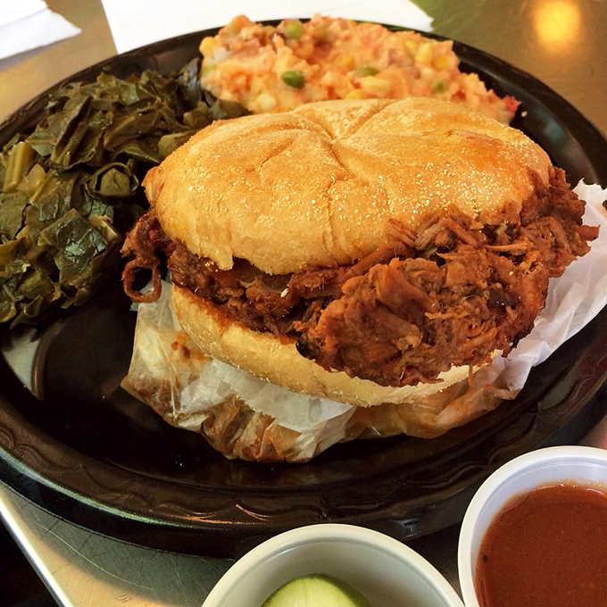 The burnt ends sandwich: where crispy, smoky edges meet pillowy bun in perfect harmony. It's like a flavor mosh pit in your mouth.