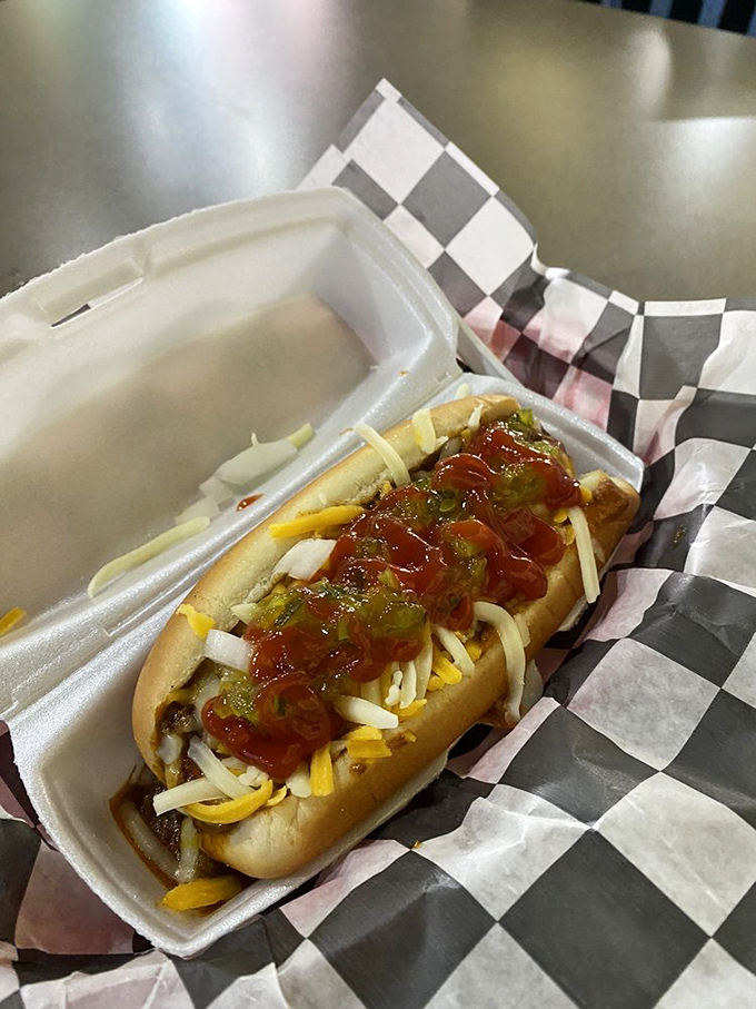 Hot diggity dog! This chili-topped beauty is what food dreams are made of.