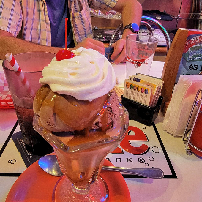 Chocolate and caramel join forces in this sundae. It's like Batman and Robin, but way more delicious and less spandex.