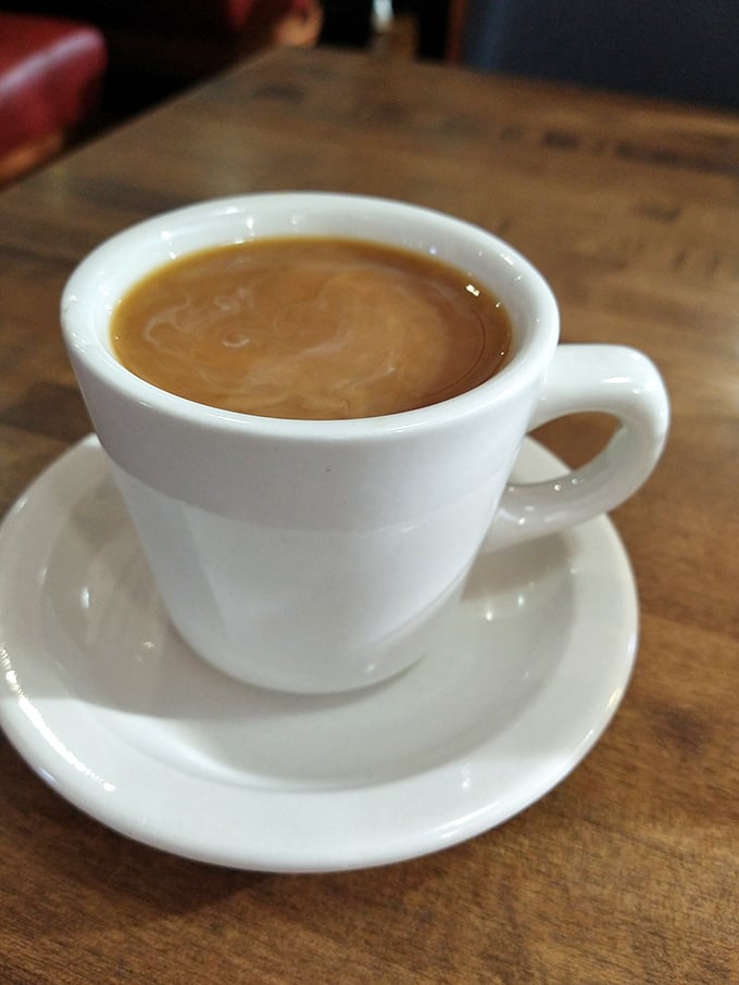 The elixir of life, served in classic diner white. This coffee looks strong enough to wake up even the most stubborn of morning zombies.