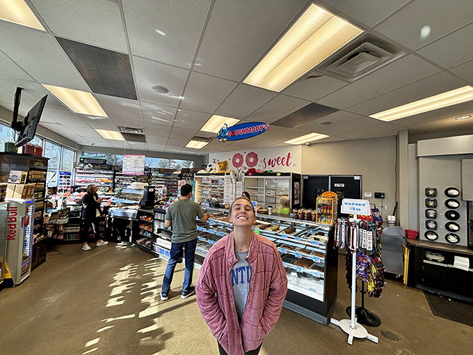 Happiness is contagious at Doughdaddy's. Just look at that smile &ndash; it's the universal language of "I regret nothing!"