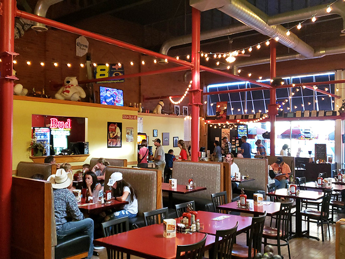 Happy diners, happy times! This bustling scene is like a Norman Rockwell painting, if Norman had a serious burger obsession.