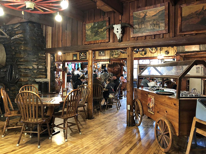 Where rustic charm meets home-cooked comfort. This dining area feels like you've stumbled into a family reunion at your long-lost Idaho relatives' place.