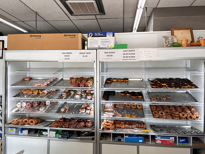 Decisions, decisions! This display case is like a museum of edible art. Each shelf a gallery, each donut a masterpiece waiting to be appreciated.