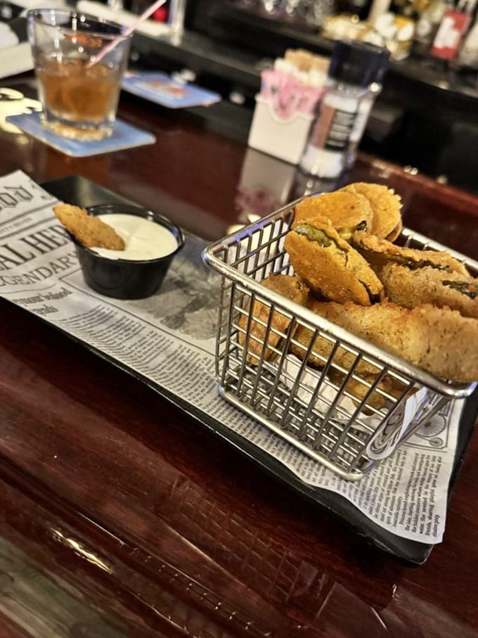 Fried pickle spears: The unsung heroes of bar appetizers, crispy on the outside, tangy on the inside, and entirely worth the guilty pleasure.