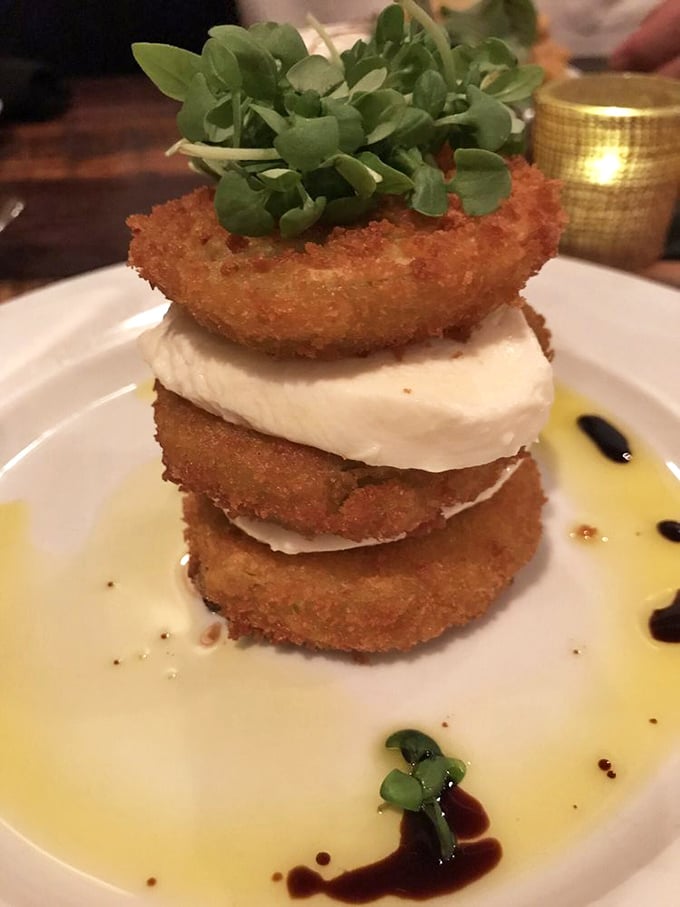 Fried green tomatoes meet caprese in a Southern-Italian fusion that's more harmonious than a Dolly Parton-Pavarotti duet.
