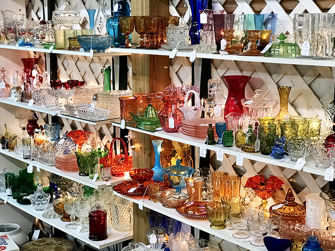 A rainbow of nostalgia! This glassware display is like a kaleidoscope of memories &ndash; each piece tells a story of dinners past.