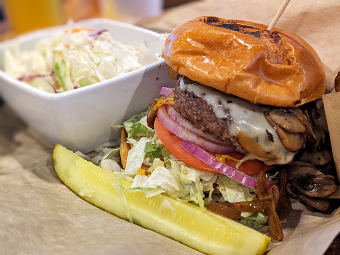 Mushroom Swiss, meet your match! This burger's got more layers than a soap opera plot, and twice the saucy drama.