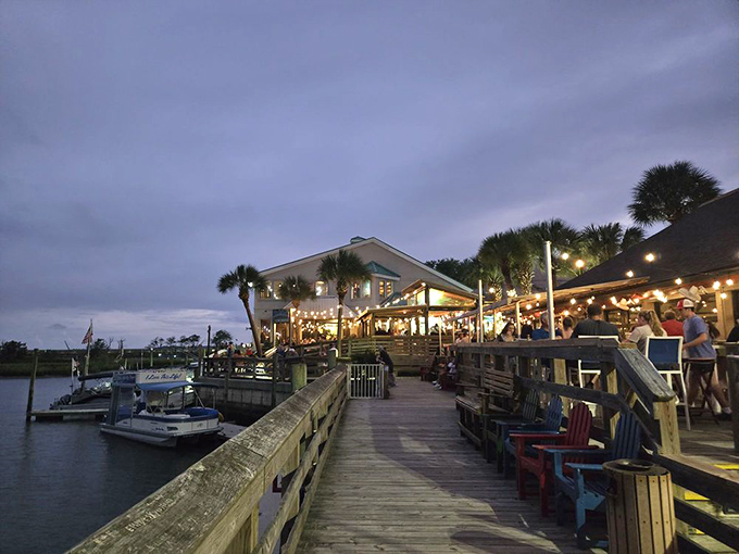 Sunset, seafood, and string lights &ndash; oh my! This deck scene is what vacation dreams are made of.