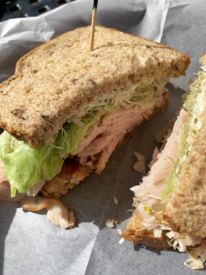 Turkey never had it so good. This sandwich is stacked higher than a Jenga tower on game night.