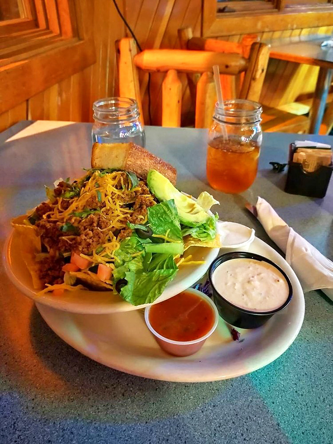 A taco salad that makes you forget you ordered "just a salad," served in a bowl you'll be tempted to take home as a souvenir.