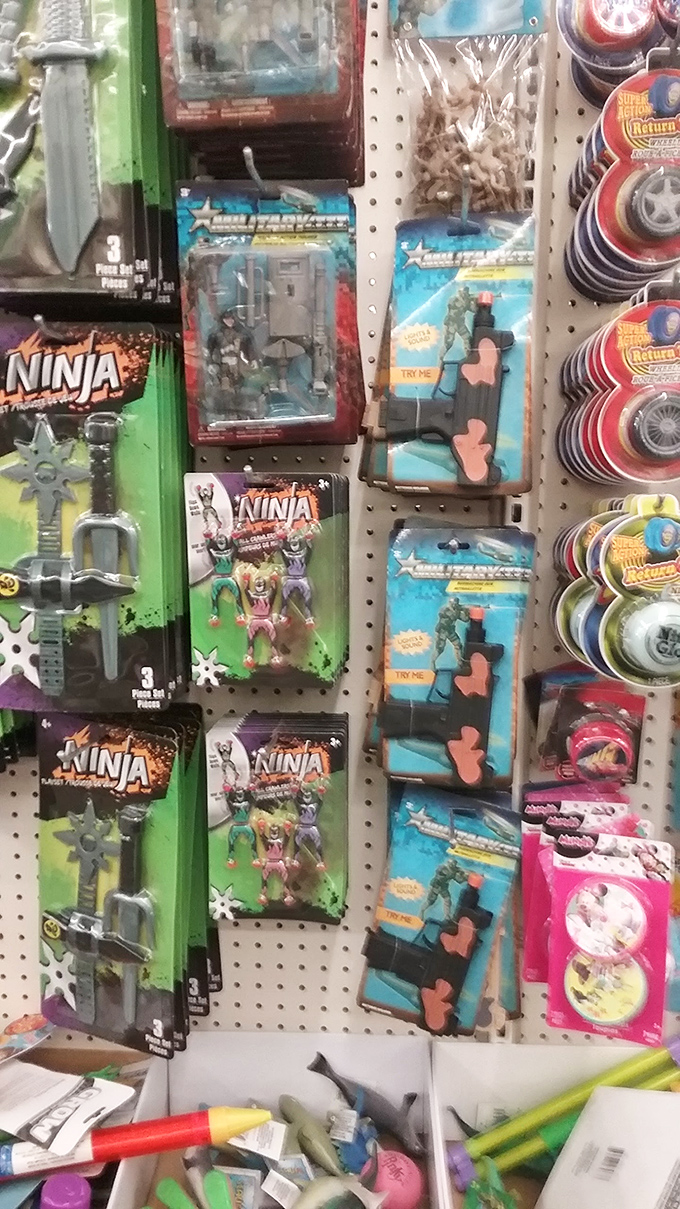 Ninja warriors and knock-off action heroes await young adventurers seeking affordable alternatives to theme park merchandise.