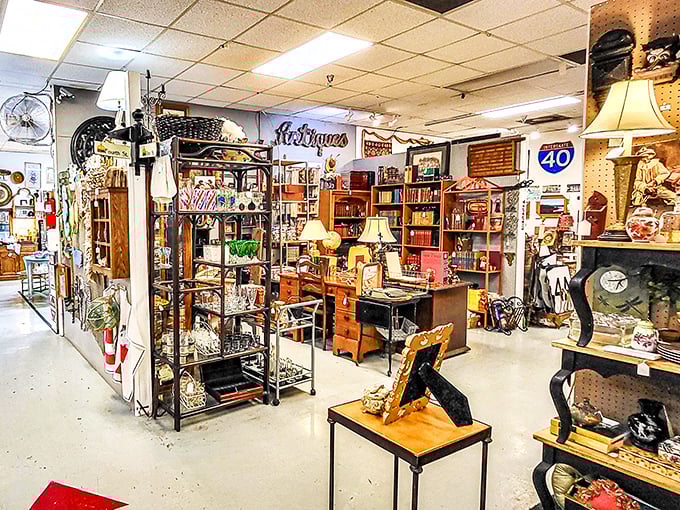 A cornucopia of curiosities! From kitschy salt shakers to elegant candelabras, it's like your grandma's china cabinet exploded.