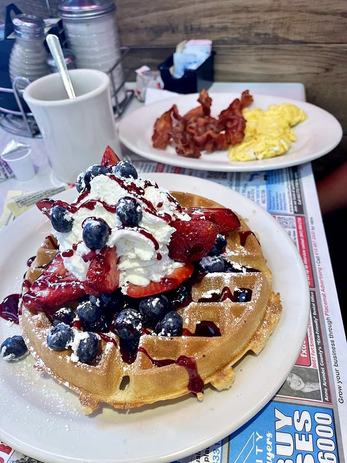 Waffles: the perfect excuse to eat dessert for breakfast. This Belgian beauty is fruit-topped proof that mornings can be amazing.